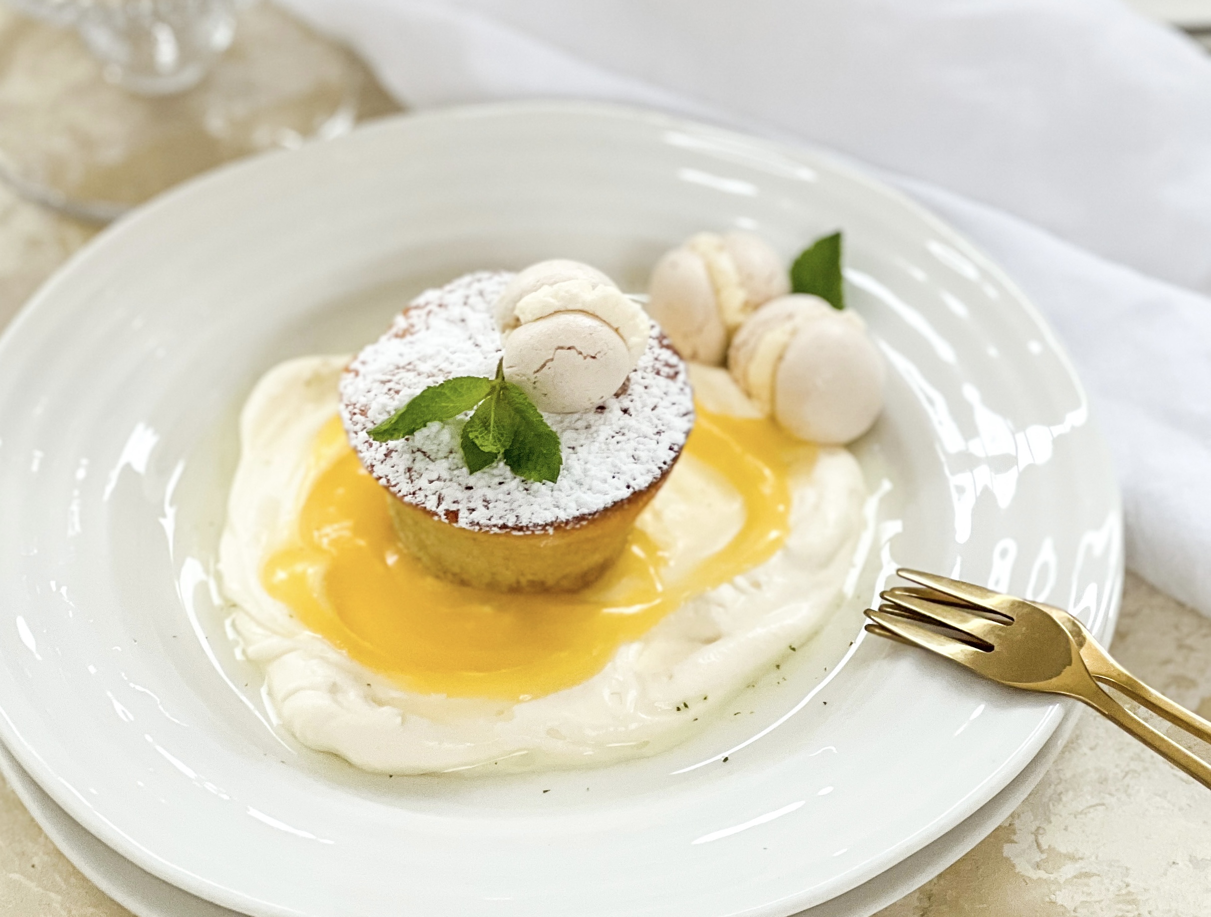 Lemon Friands with Lemon Cream, Mini Meringues and Sweet Mint Lemon Syrup – Daffodil Kitchen